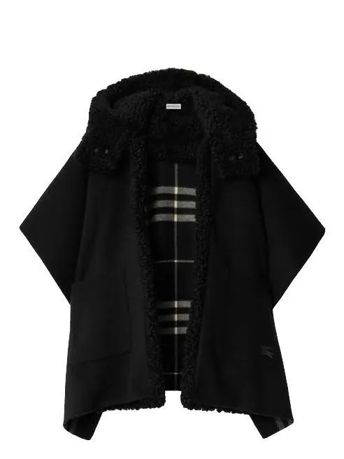 Burberry Reversible Shearling Trim Check Cashmere Cape - Black/calico Beige