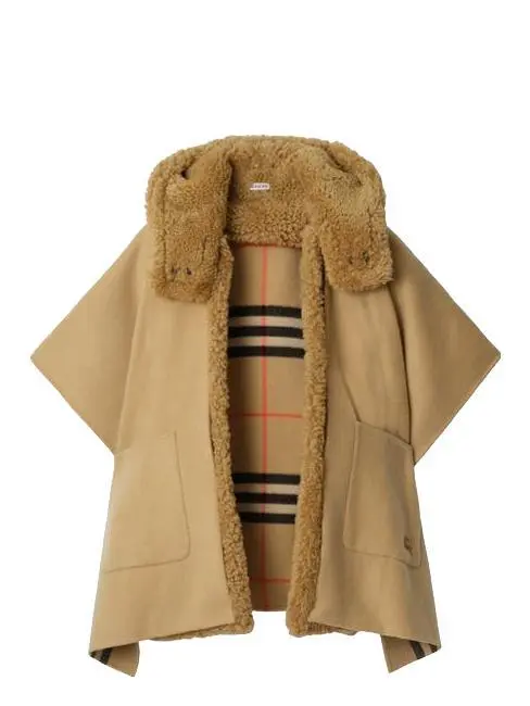 Burberry Reversible Shearling Trim Check Cashmere Cape - Sand Beige