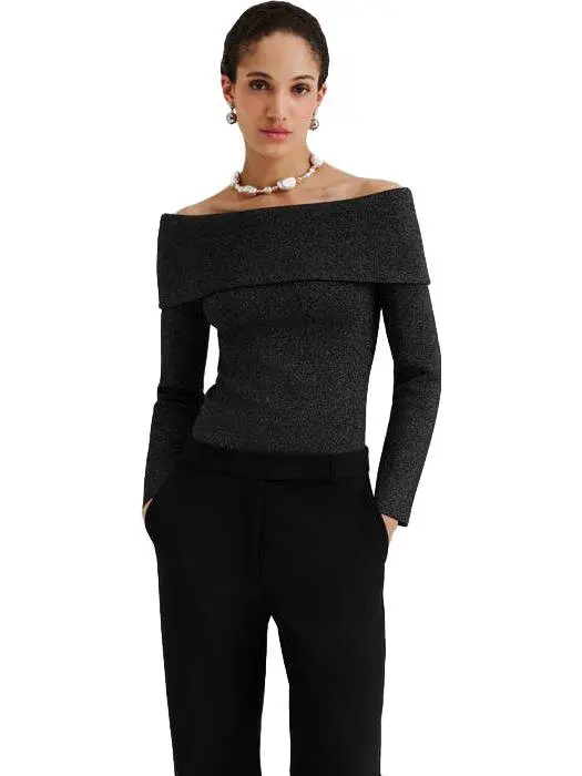 MALINA Cirella Knitted Off Shoulder Top - Black Metallic