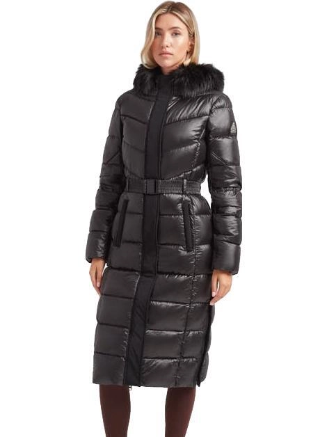 JACK1T Extra Long Down Coat With Diamond Quilting And Faux Fur Trim - Black/black