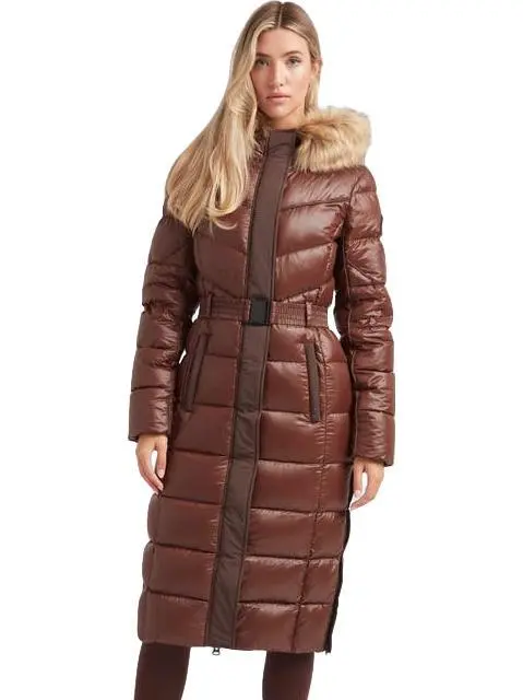 JACK1T Diamond Belted Extra Long Down Coat - Mid Brown/natural