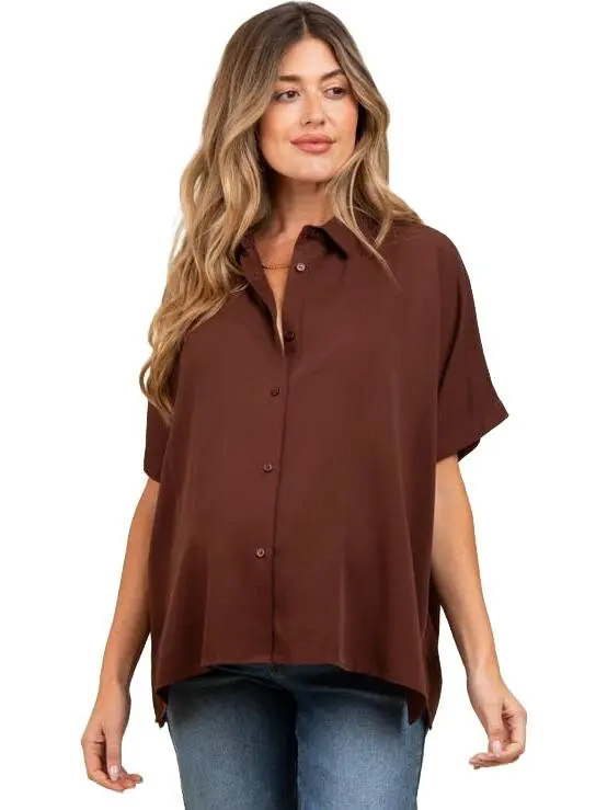 PINKBLUSH Dolman Sleeve Button Down Blouse - Brown