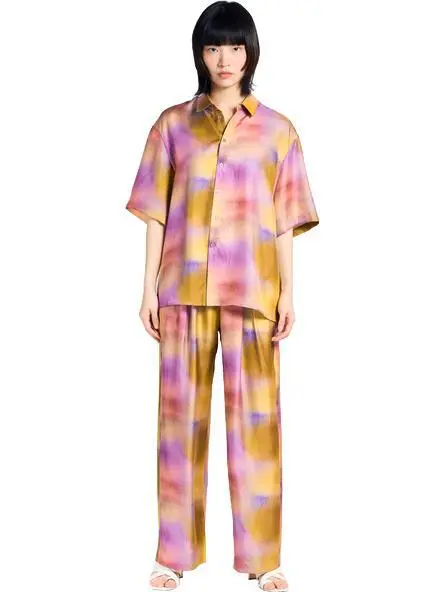 LOST PATTERN Oversized Silk Hawaii Shirt And Wide Leg Pants Set - Pink