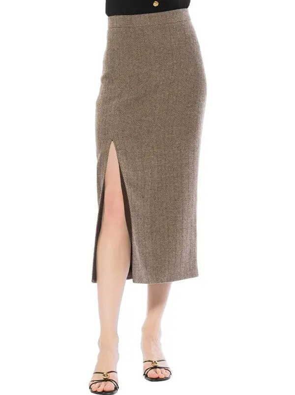ALEXIA ADMOR Midi Tweed Skirt With Side Slit - Herringbone