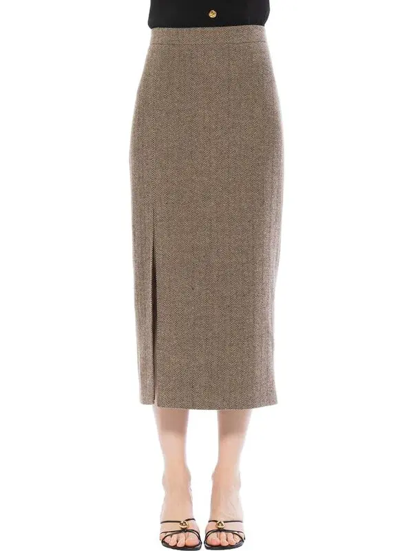 ALEXIA ADMOR Onyx Midi Skirt With Waistband And Side Slit - Herringbone
