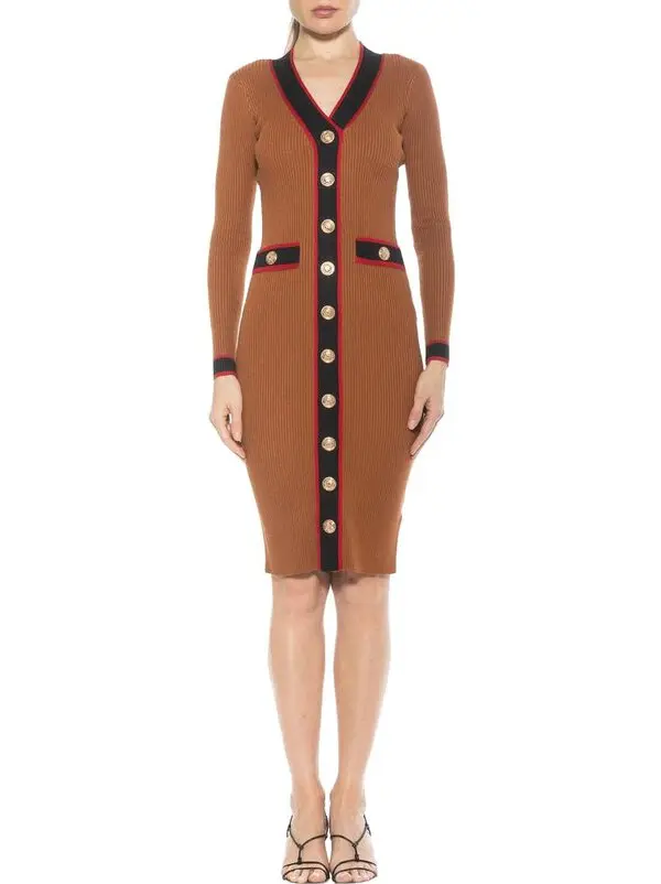 ALEXIA ADMOR Long Sleeve Ribbed Sweater Dress With Button Details - Camel