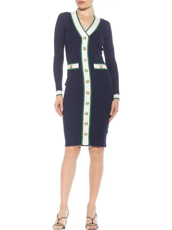 ALEXIA ADMOR Long Sleeve Ribbed Sweater Dress With Button Details - Navy