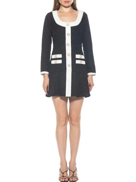 ALEXIA ADMOR Houndstooth Tweed Mini Dress With Faux Pearl Buttons - Black