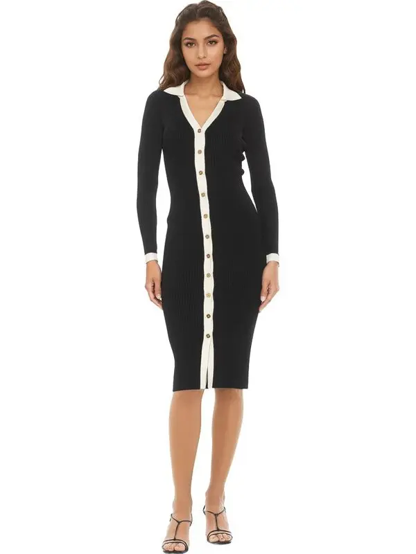 ALEXIA ADMOR Collared Long Sleeve Knit Midi Dress - Black