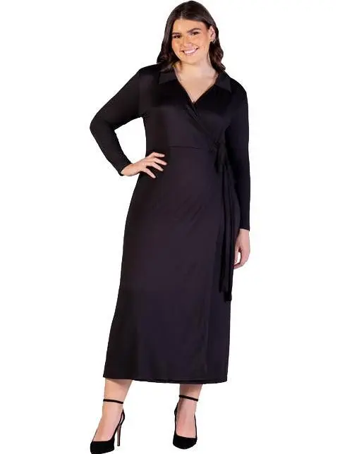 24SEVEN COMFORT APPAREL Collared Wrap Maxi Dress - Black