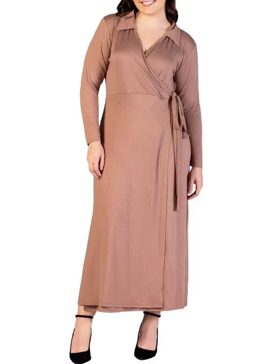 24SEVEN COMFORT APPAREL Collared Long Sleeve Wrap Front Maxi Dress - Mocha