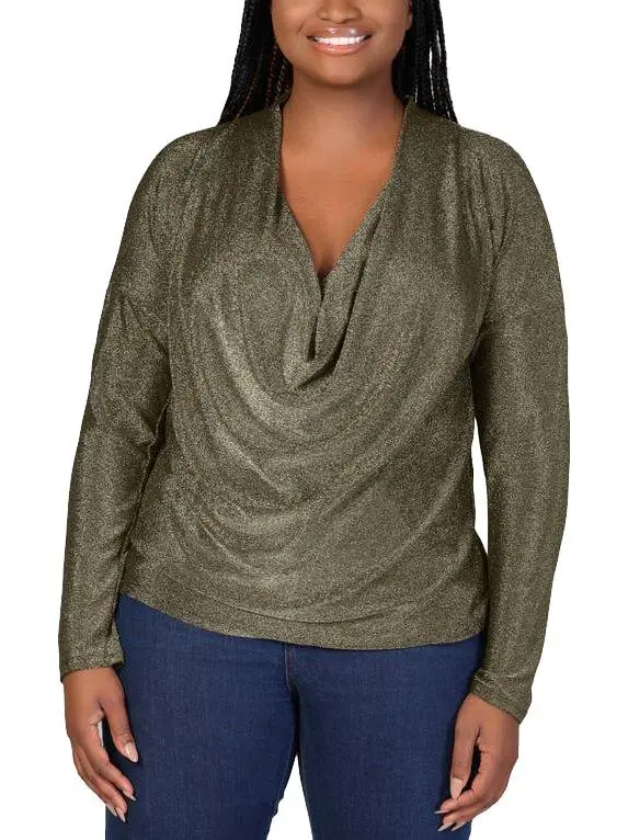 24SEVEN COMFORT APPAREL Cowl Neck Long Sleeve Shimmery Top - Gold