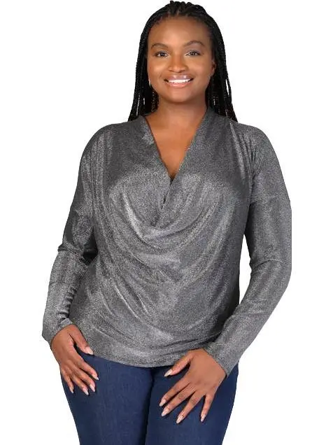 24SEVEN COMFORT APPAREL Cowl Neck Long Sleeve Shimmery Top - Silver