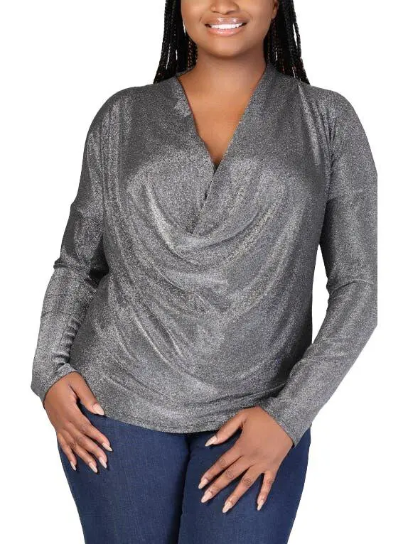 24SEVEN COMFORT APPAREL Cowl Neck Long Sleeve Shimmery Top - Silver