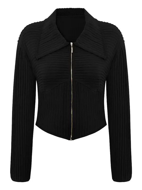 PCFG Fitted Knit Cardigan With Collar And Zip Closure - Black