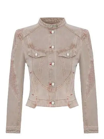 PCFG Pure Cotton Faded Denim Motorcycle Jacket - Beige Moon Rock