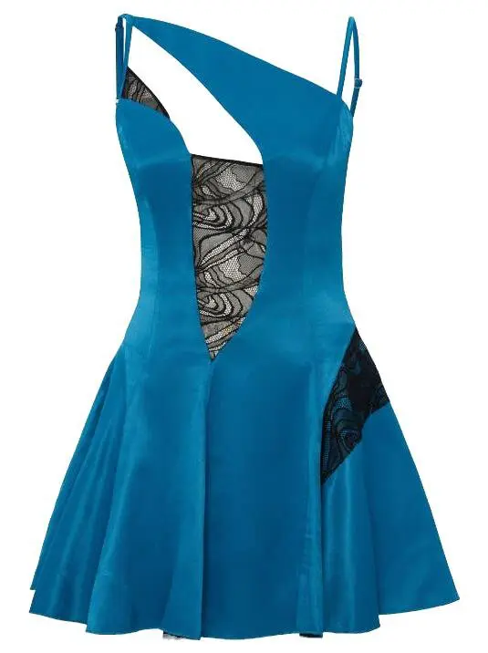 PCFG Asymmetrical Lace Detail Mini Dress - Blue
