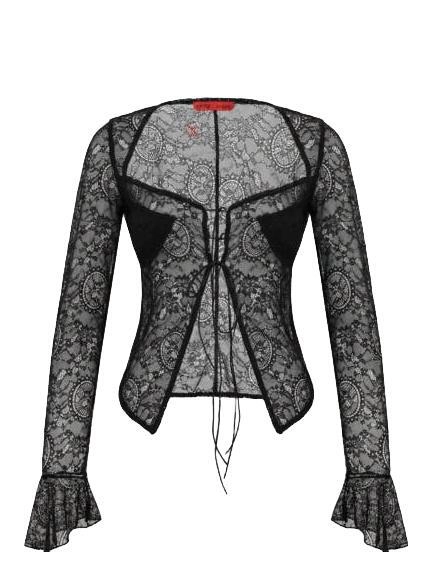 PCFG Long Sleeve Lace Top With Tie Detail - Black