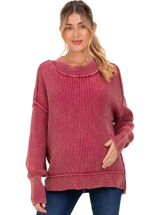 PINKBLUSH Oversized Maternity Sweater With Side Slits - Burgundy