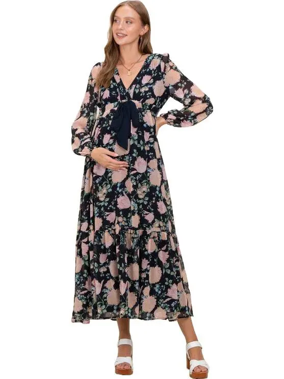 PINKBLUSH Floral Chiffon Bow Tie Front Maxi Dress - Navy Blue