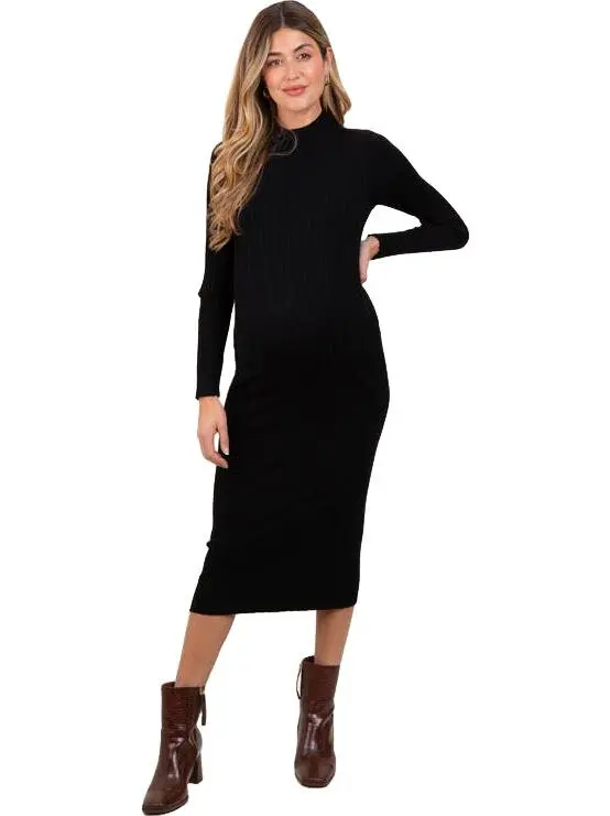 PINKBLUSH Mock Neck Ribbed Sweater Dress - Black