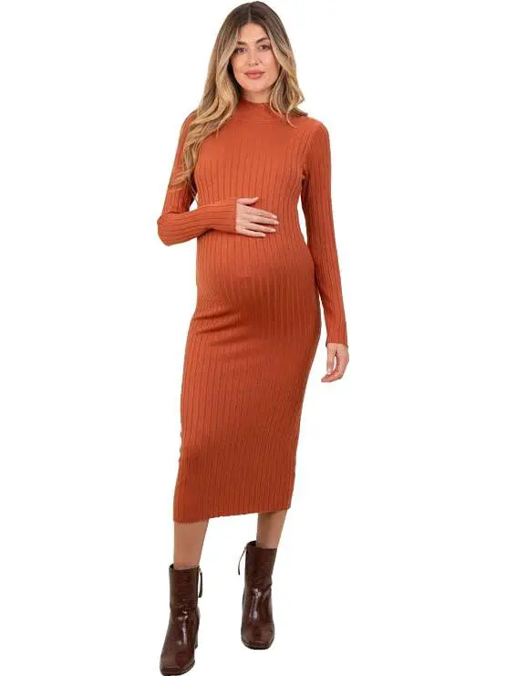 PINKBLUSH Ribbed Mock Neck Sweater Dress - Rust