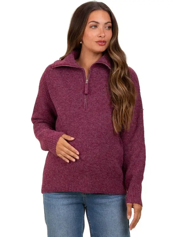 PINKBLUSH Half Zip Pullover Sweater - Burgundy