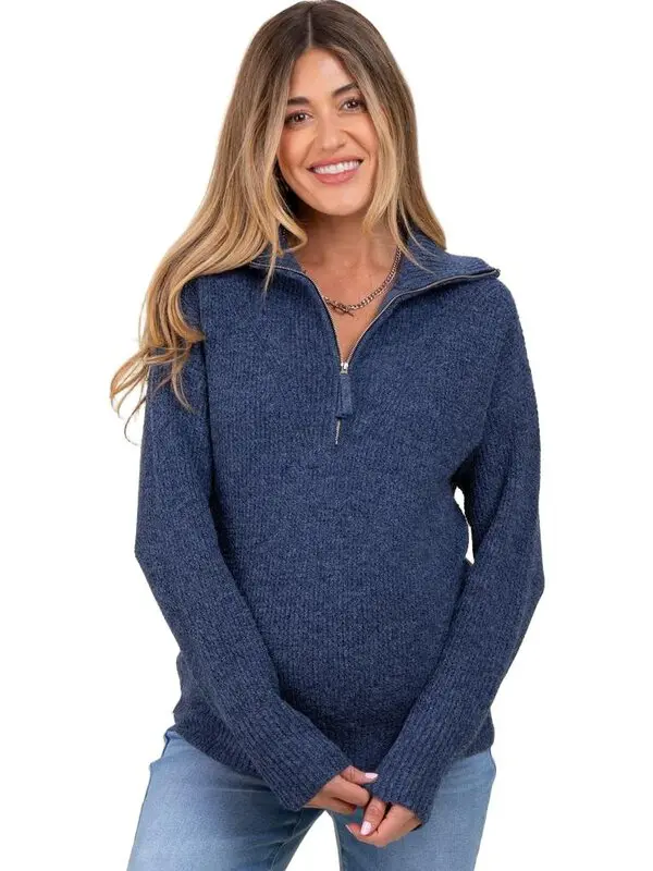 PINKBLUSH Half Zip Pullover Sweater - Navy Blue