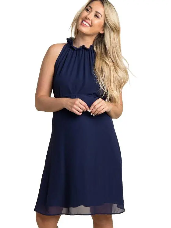 PINKBLUSH Chiffon High Neck Maternity Dress - Navy Blue