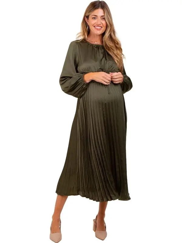 PINKBLUSH Pleated Satin Smocked Waist Midi Dress - Olive Green