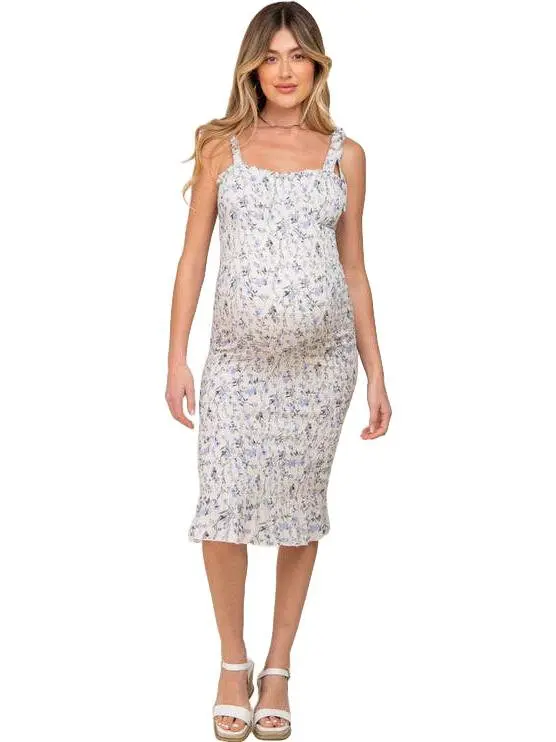 PINKBLUSH Floral Smocked Fitted Maternity Dress - Cream