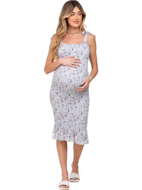 PINKBLUSH Floral Smocked Fitted Maternity Dress - Light Blue