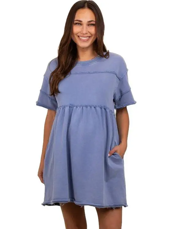 PINKBLUSH Raw Hem Short Sleeve Dress - Blue