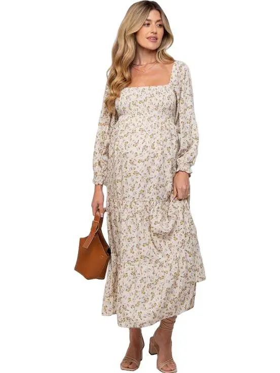 PINKBLUSH Floral Smocked Long Sleeve Maxi Dress - Cream