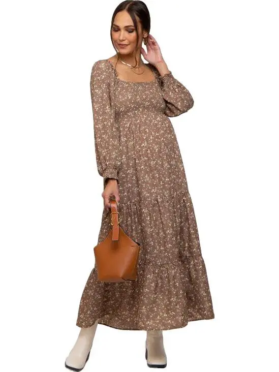 PINKBLUSH Floral Smocked Long Sleeve Maxi Dress - Mocha