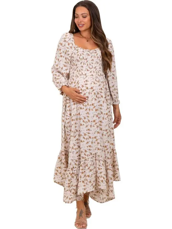 PINKBLUSH Floral Smocked Handkerchief Hem Maxi Dress - Ivory