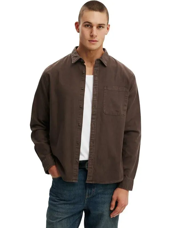 COTTON ON Lewis Long Sleeve Shirt - Washed Chocolate