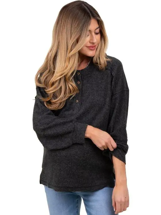 PINKBLUSH Oversized Ribbed Knit Henley Sweater - Charcoal Grey