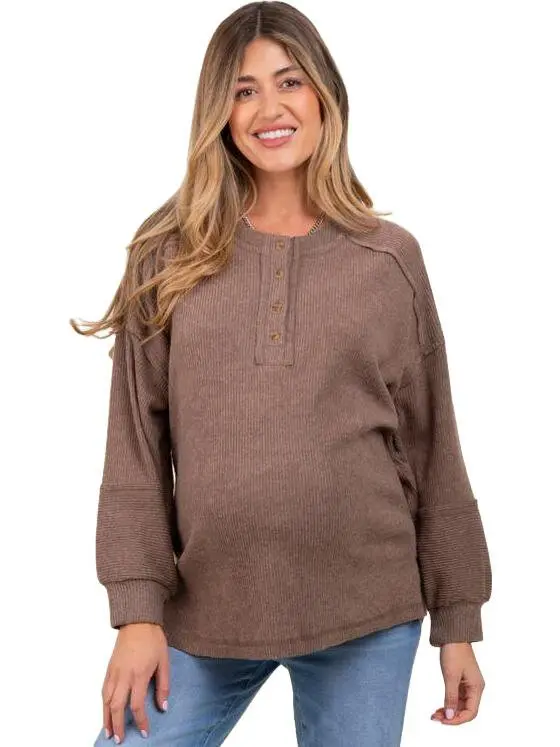 PINKBLUSH Oversized Ribbed Knit Henley Sweater - Mocha