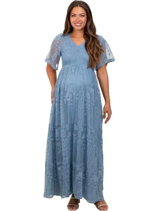 PINKBLUSH Smocked Lace Maternity Maxi Dress - Blue