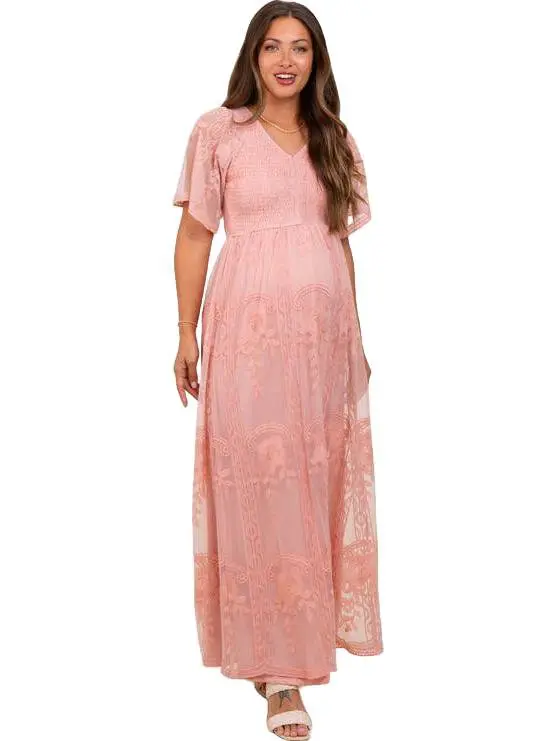 PINKBLUSH Smocked Top Lace Maxi Dress - Pink