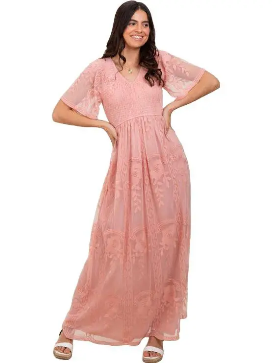 PINKBLUSH Smocked Top Lace Maxi Dress - Pink