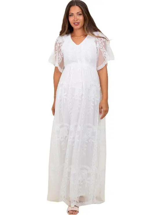 PINKBLUSH Smocked Lace Maternity Maxi Dress - White