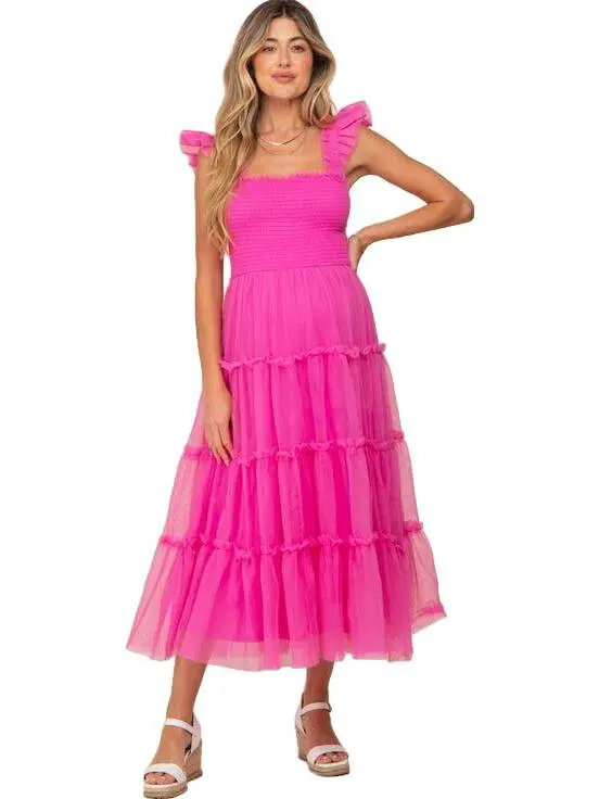 PINKBLUSH Smocked Mesh Ruffle Accent Midi Dress - Fuschia