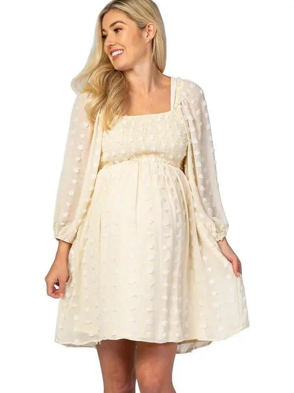 PINKBLUSH Textured Dot Smocked Square Neck Chiffon Dress - Beige