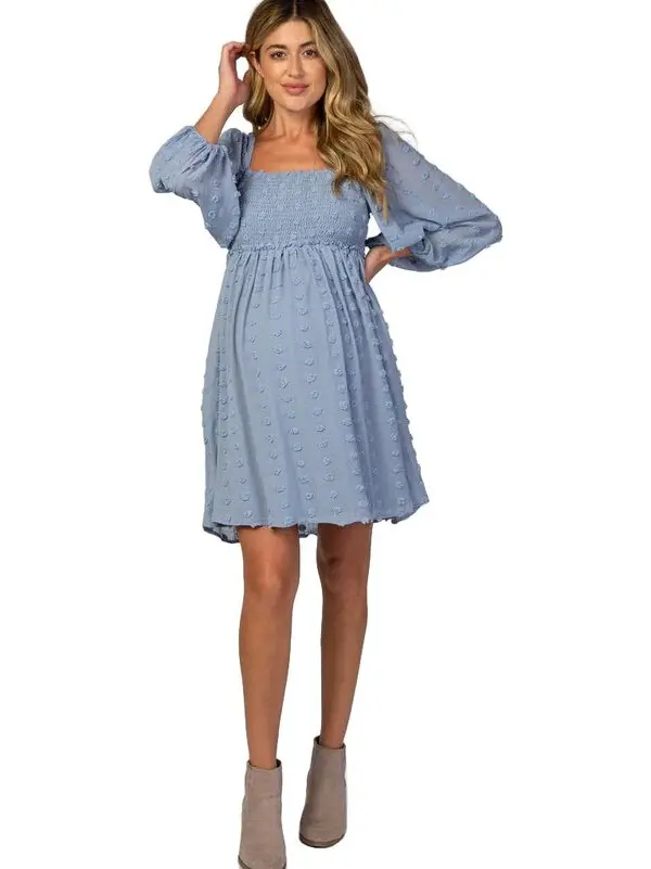 PINKBLUSH Textured Dot Smocked Square Neck Chiffon Dress - Light Blue
