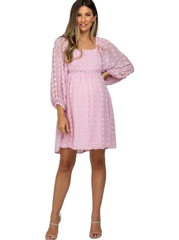 PINKBLUSH Textured Dot Smocked Square Neck Chiffon Dress - Pink