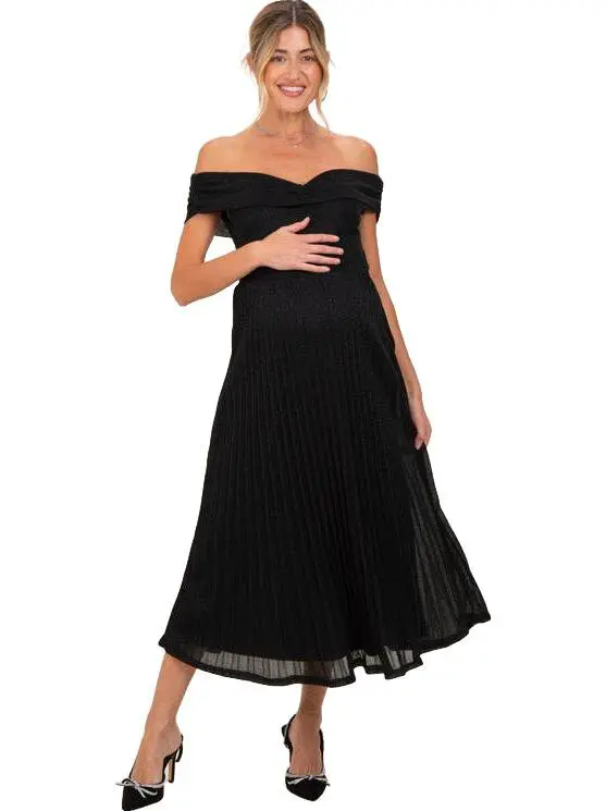 PINKBLUSH Shimmer Off Shoulder Pleated Midi Dress - Black
