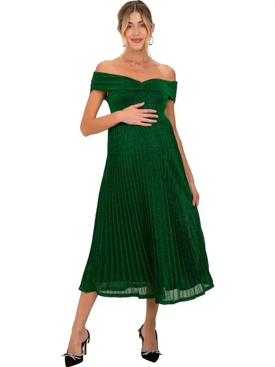 PINKBLUSH Shimmer Off Shoulder Pleated Midi Dress - Forest Green