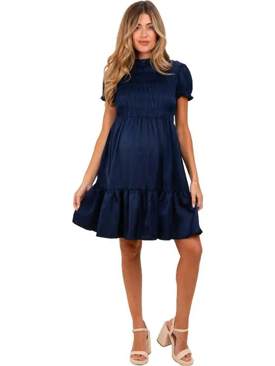 PINKBLUSH Satin Smocked Mock Neck Maternity Dress - Navy Blue